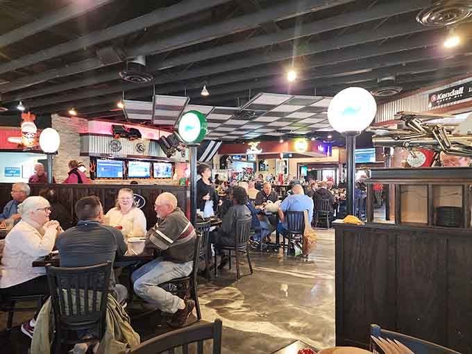 Happy diners filling the space with conversation and laughter: the universal sign of a restaurant doing everything exactly right.