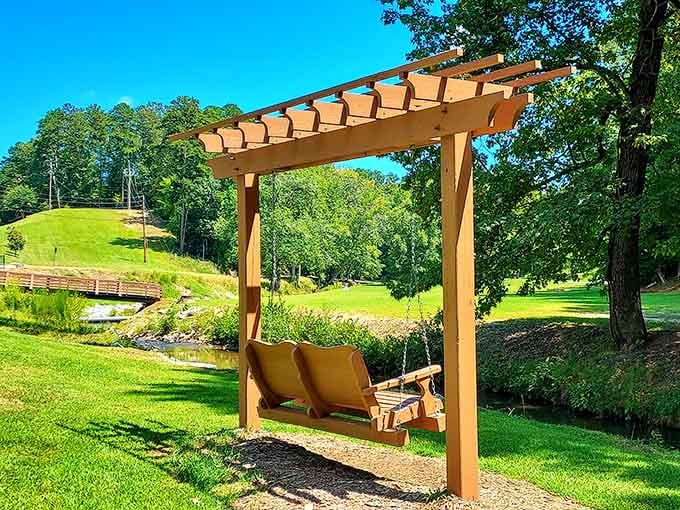 A campus swing offers contemplative spots to process the fact that a college has its own massive waterfall.