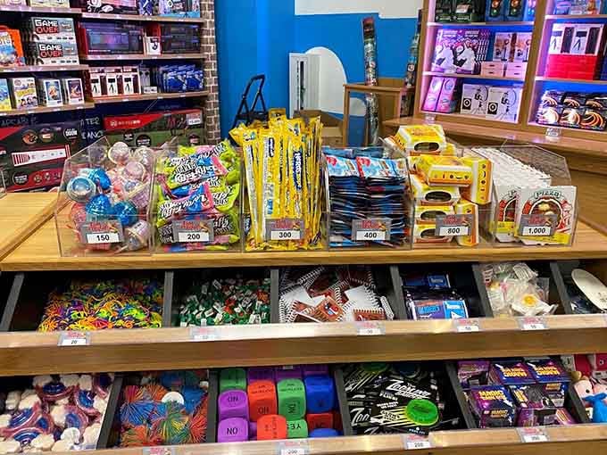 The redemption area displays your hard-earned prizes, transforming arcade tickets into tangible proof of your gaming prowess and persistence.