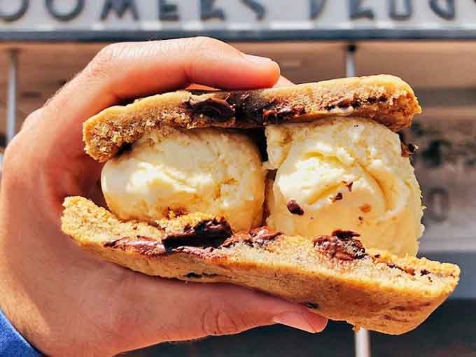 Ice cream sandwiched between chocolate chip cookies: because regular cones are for amateurs.