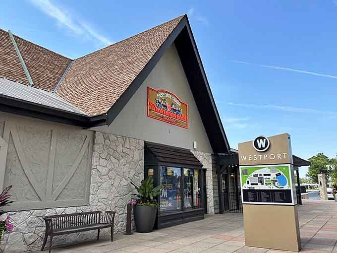 The stone facade and wooden accents outside set expectations high before you even walk inside.