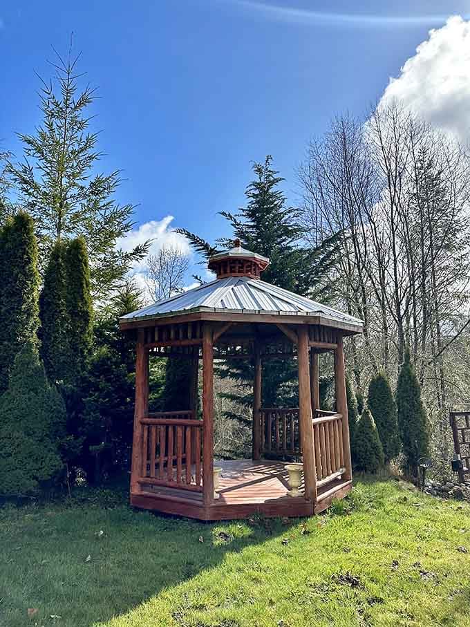 A gazebo on the grounds gives you options for contemplating nature from multiple elevated vantage points.