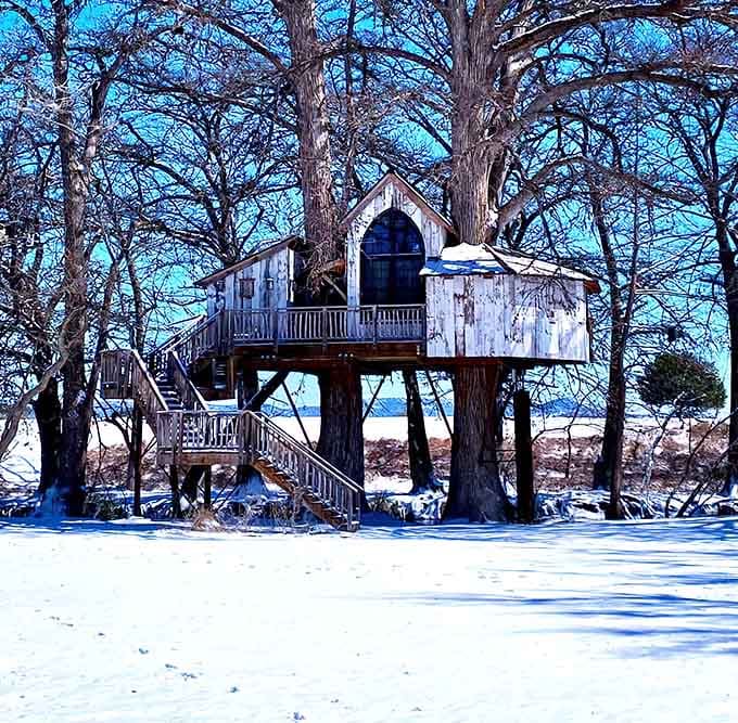 Winter transforms the treehouses into a snow globe scene, proving magic works in every season across the calendar.