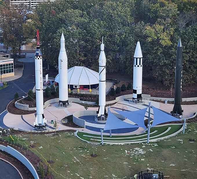 From above, the rocket park looks like someone's impressive model collection, except everything here is gloriously full-sized.