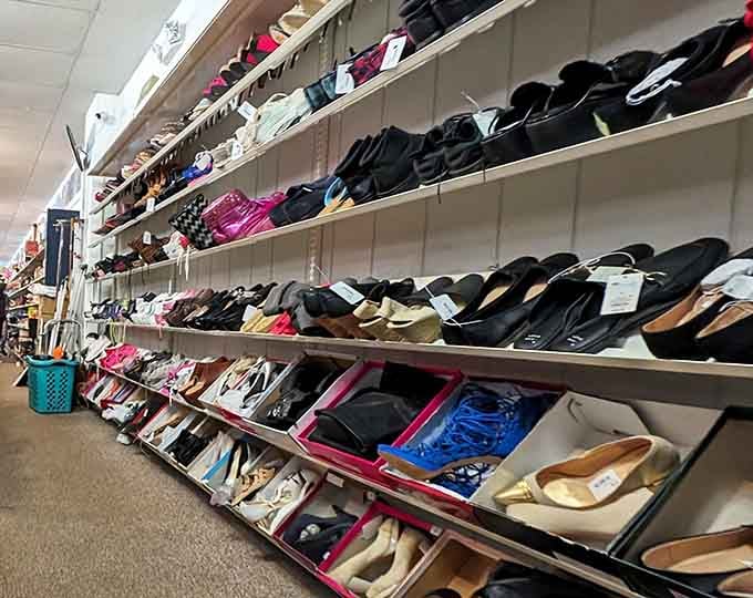 Shoes organized by the dozen, offering sole-ful solutions without the department store markup that makes you wince.