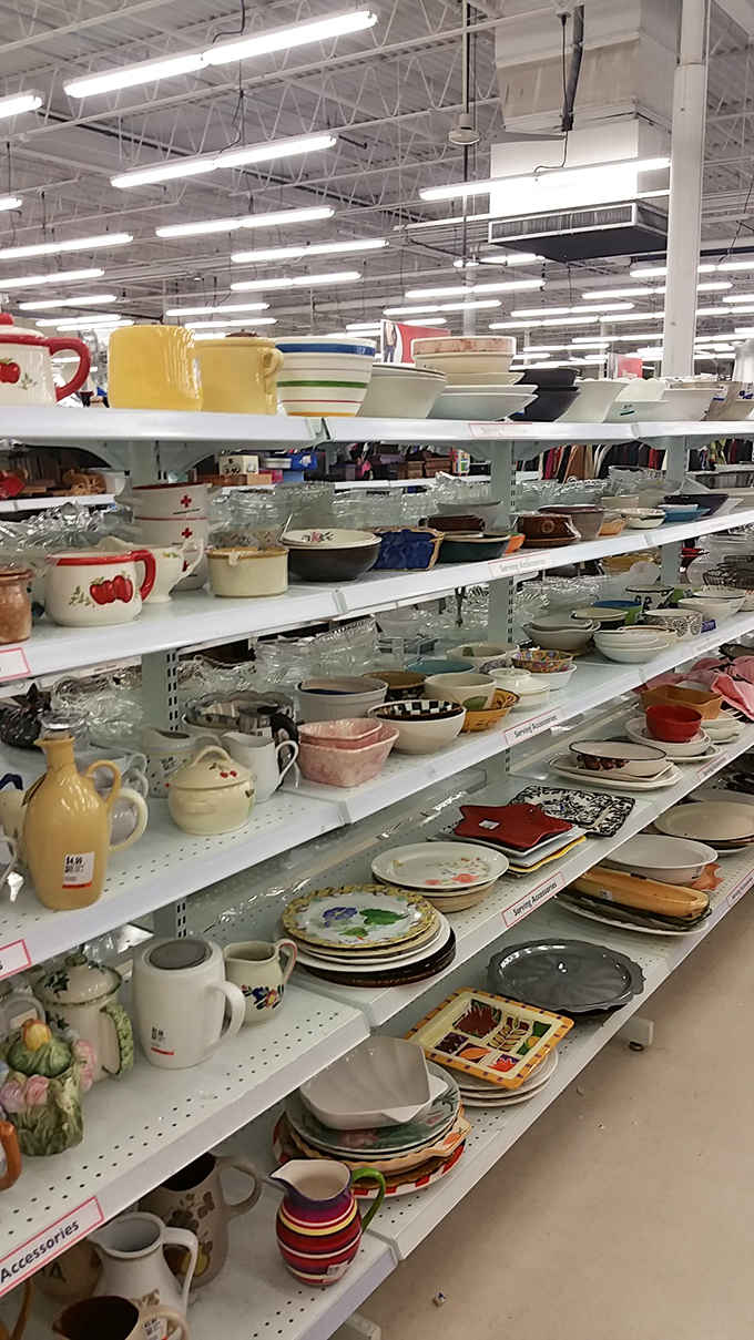Dishes, mugs, and serving pieces stretching endlessly, like a ceramic rainbow of dining possibilities at unbeatable prices.