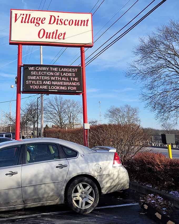 The sign outside boldly advertises their sweater selection, and they're not exaggerating about the variety available.