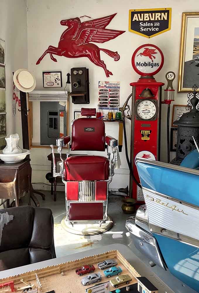 A vintage barber chair and Mobilgas pump create the perfect time capsule of American roadside culture and commerce.