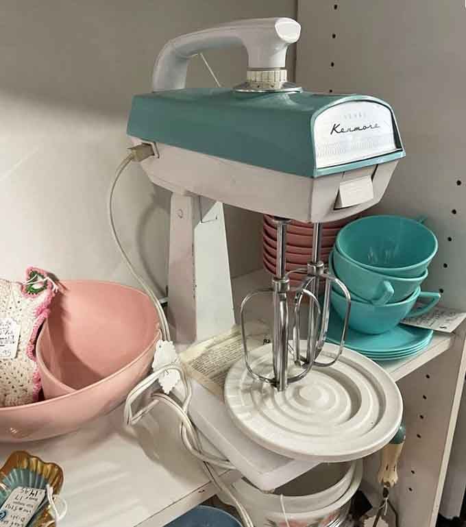 A turquoise Kenmore mixer that's outlasted three modern appliances and still looks absolutely fabulous doing it.