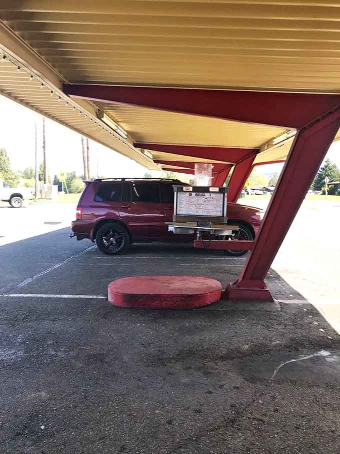 Classic drive-in parking where you can eat in your car, just like the good old days.