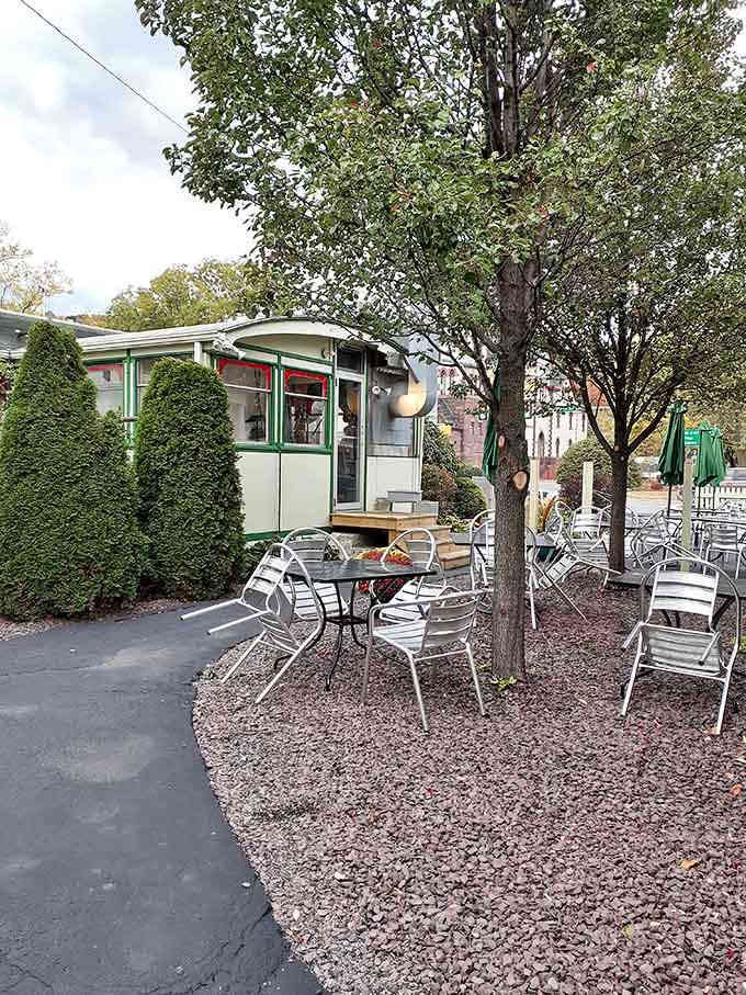 Outdoor seating under the trees lets you enjoy your meal while watching small-town life unfold around you.