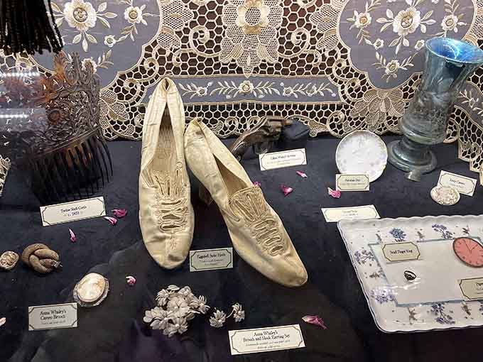 Delicate Victorian footwear and accessories that once adorned the city's most fashionable residents, now preserved behind glass.