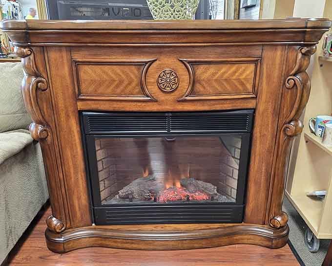 An elegant electric fireplace that adds ambiance without the hassle of chopping wood or cleaning actual ashes.