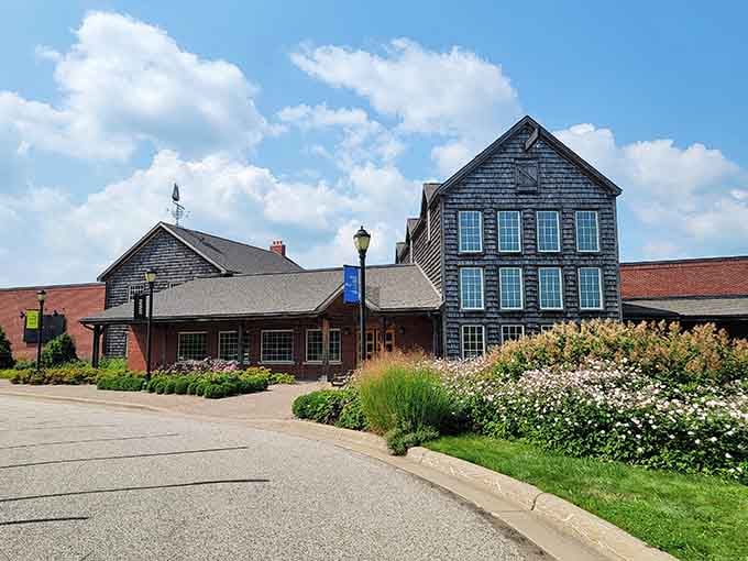 The Marine Art Museum's weathered wood exterior suggests New England fishing villages transported inland to the Mississippi River valley perfectly.