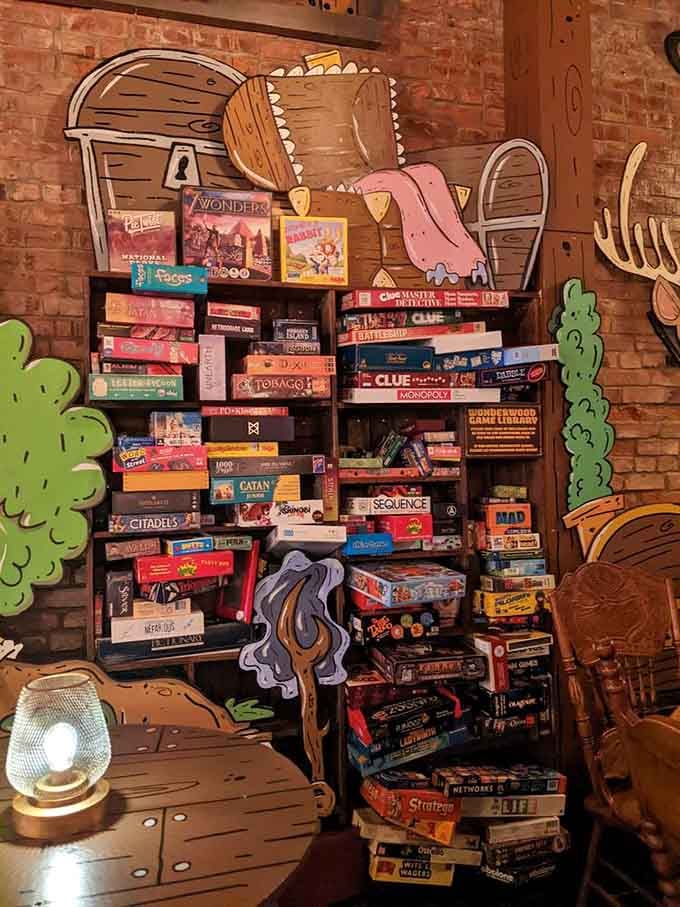 Board games stacked high invite you to linger longer and make an afternoon of it.