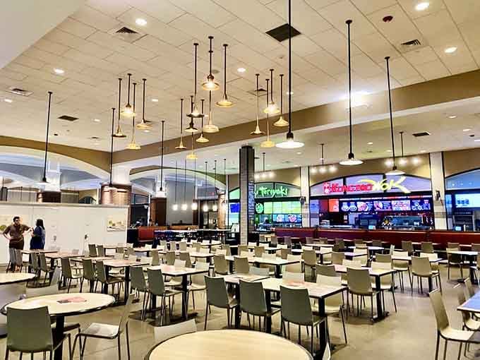 The food court offers respite for weary shoppers who've finally admitted that even retail warriors need fuel to continue their quest.
