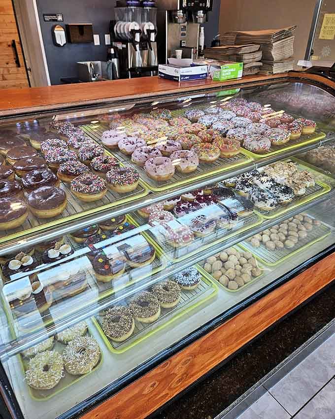 The illuminated display case shows off fresh donuts like edible jewels, each one practically begging to come home with you.