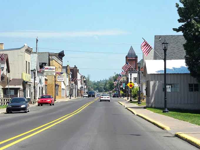 American flags flutter proudly above streets where patriotism and practicality meet at every corner.