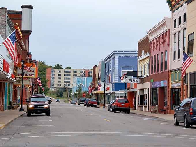 These colorful facades line up like a box of crayons, each building adding its own personality to the street.