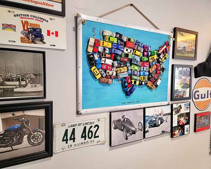 Wall decorations featuring vintage Americana remind you that diners were the original social media, connecting communities one meal at a time.