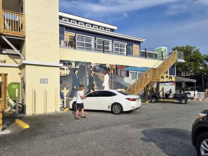 Even the parking lot celebrates the Fab Four with that iconic Abbey Road crosswalk mural painted large.