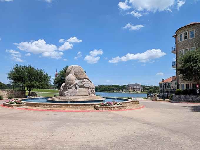 The fountain area serves as a gathering spot where sculpture meets water in photogenic harmony.