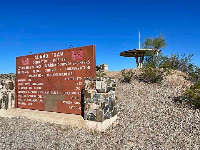 Alamo Dam's informational plaque tells the engineering story behind this desert oasis and recreational paradise we enjoy today.