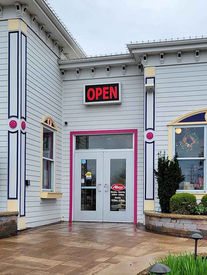 The bright pink doorframe welcomes you into this candy cathedral, where calories don't count and joy reigns.