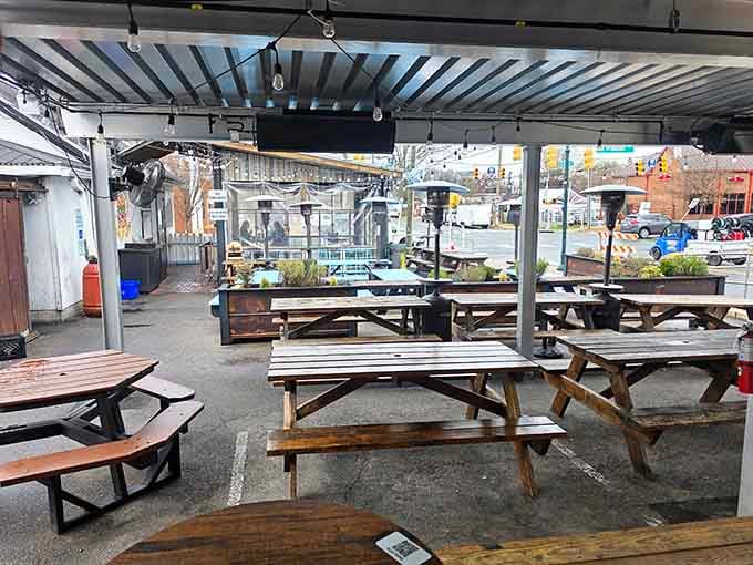 The covered patio lets you enjoy your burger al fresco while watching Chapel Hill's Franklin Street parade pass right by.