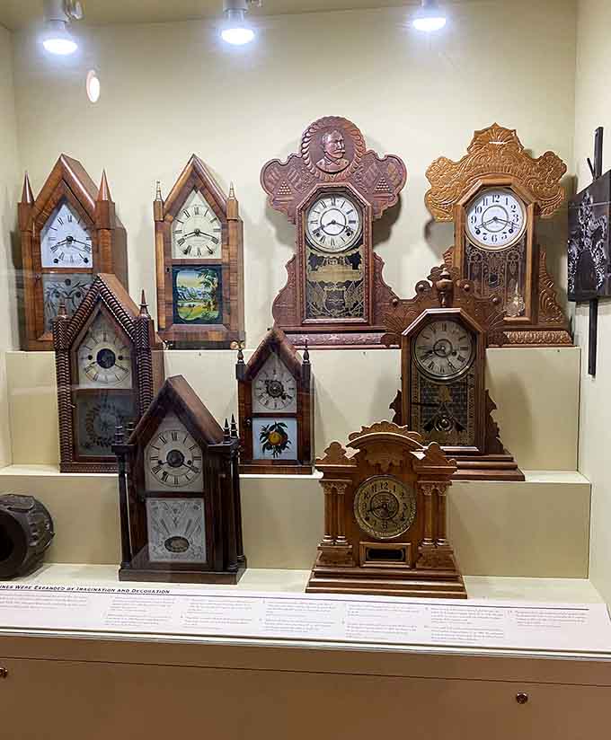 Gothic revival meets American ingenuity in these elaborately carved wooden cases that double as functional sculpture and timekeepers.