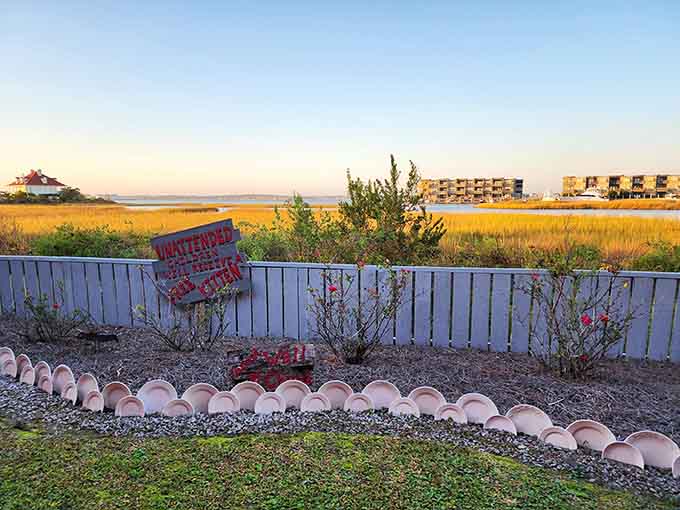 Sunset views over the marshland remind you why coastal Carolina dining hits differently than anywhere else.