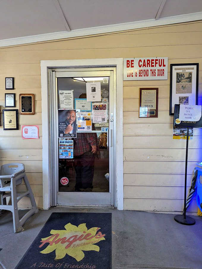 That welcome mat and "Be Careful" sign hint at the warmth waiting just beyond the door.