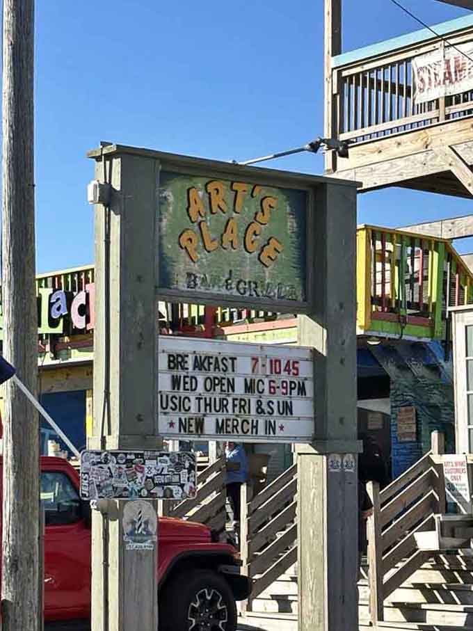 Hand-painted signage announces breakfast hours with the kind of charm that GPS directions could never capture or replicate.