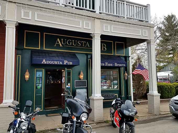 Classic columns frame the entrance to Augusta Pub, where locals and visitors gather for good times and conversation.