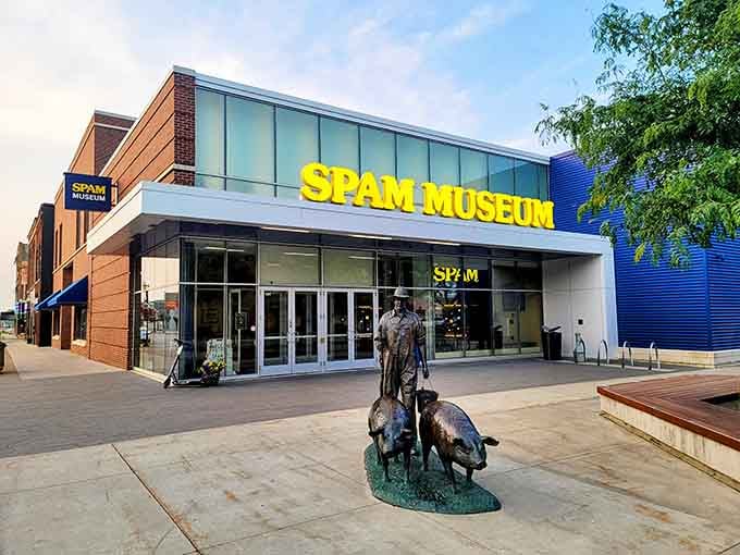 The SPAM Museum's bold yellow letters announce the world's most unexpectedly entertaining free attraction with zero shame.