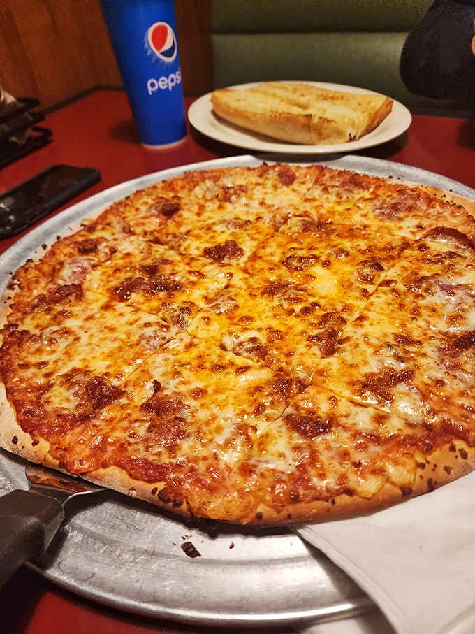 That thin crust pizza stretches across the pan like Illinois farmland, golden and inviting with bubbling cheese everywhere.