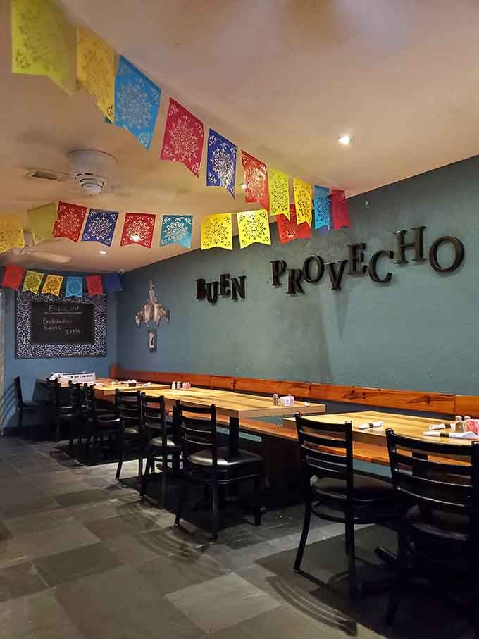 Buen Provecho on the wall offers the traditional blessing that translates to "enjoy your meal" in the most heartfelt way.
