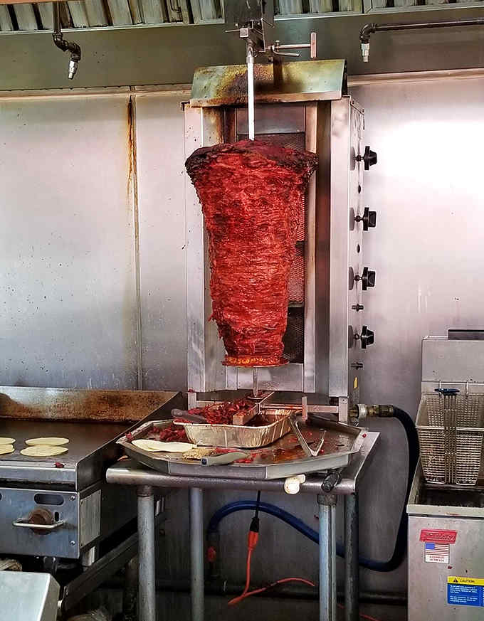 That glorious trompo in action, layers of marinated pork slowly rotating toward their destiny on your plate tonight.