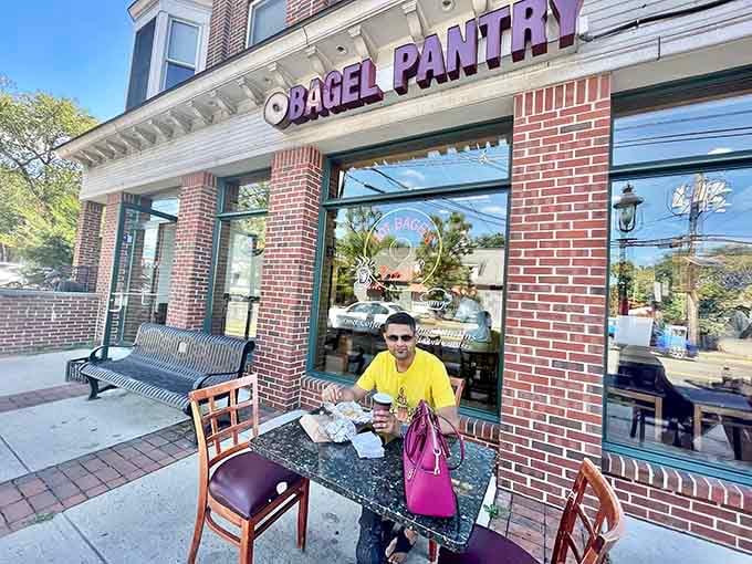 Outdoor seating lets you enjoy your bagel while watching the neighborhood come alive on a beautiful morning.