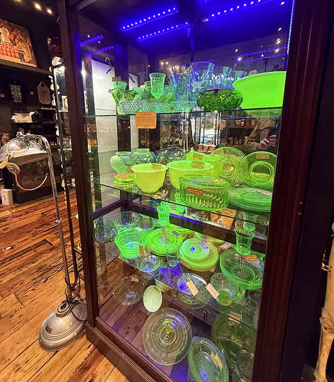 Uranium glass glows an otherworldly green under blacklight, proving that vintage glassware can literally be radioactively beautiful.