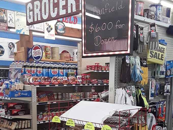 Real general stores still exist, complete with grocery aisles and that chalkboard advertising fresh baked goods.