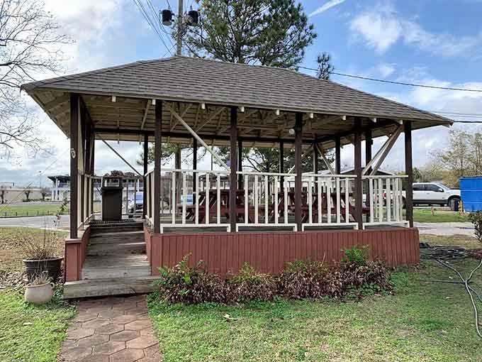 The charming outdoor gazebo provides shaded seating for those perfect Alabama days when dining alfresco sounds just right.