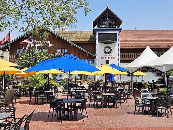 Bright umbrellas and outdoor seating offer alfresco dining with Glockenspiel views, European style meets Midwest hospitality perfectly.