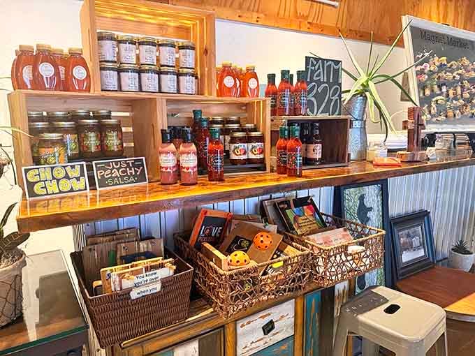 Local jams and hot sauces lined up like edible souvenirs, tempting you to take a taste of Royston home.