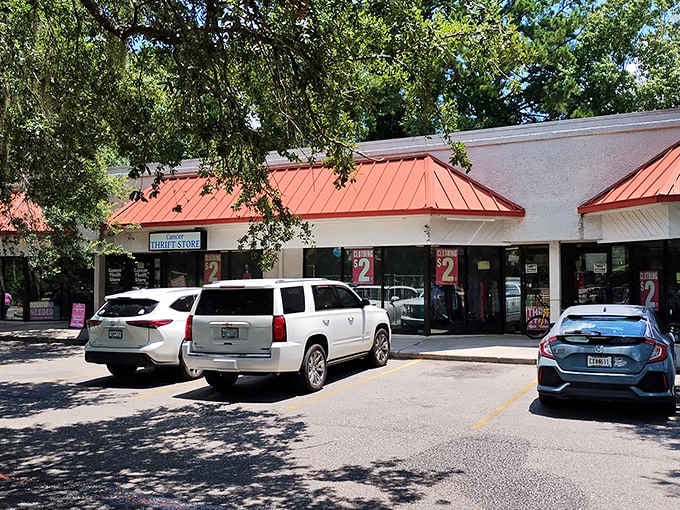 Shaded storefronts offer treasure-hunting opportunities where one person's castoffs become another's vintage gold finds.
