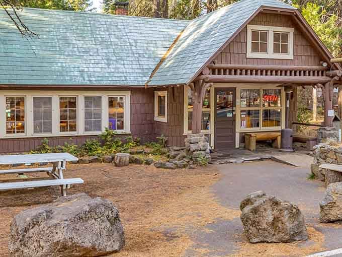 That turquoise roof against the forest green is giving serious Pacific Northwest fairy tale vibes here.