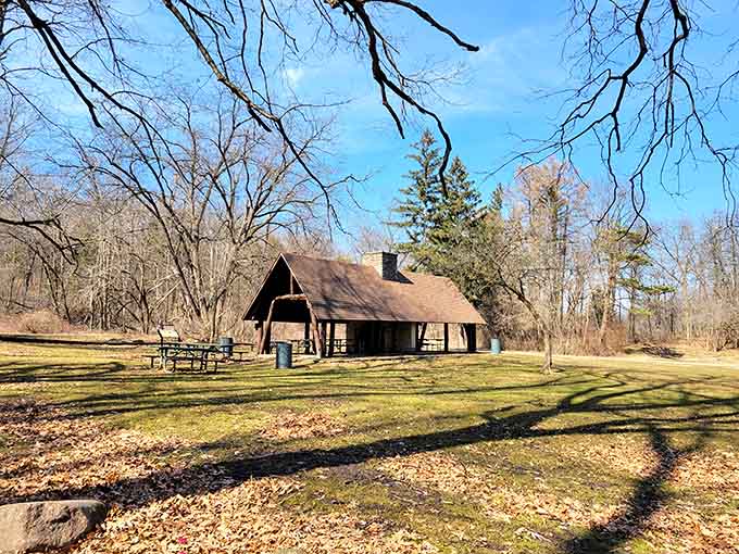 Picnic shelters in the woods waiting patiently for your next family gathering or solo contemplation session, whichever comes first.
