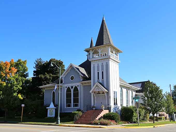 This church's white steeple reaches skyward with the kind of grace that makes you stop and stare appreciatively.
