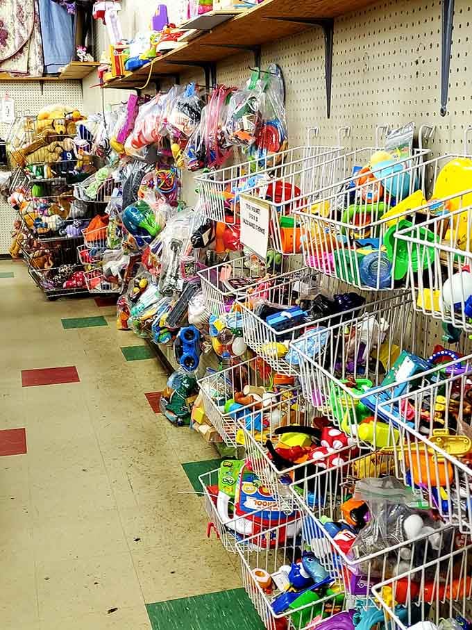 Toys bursting from baskets in a rainbow explosion that would make any kid's birthday party budget-friendly and spectacular.