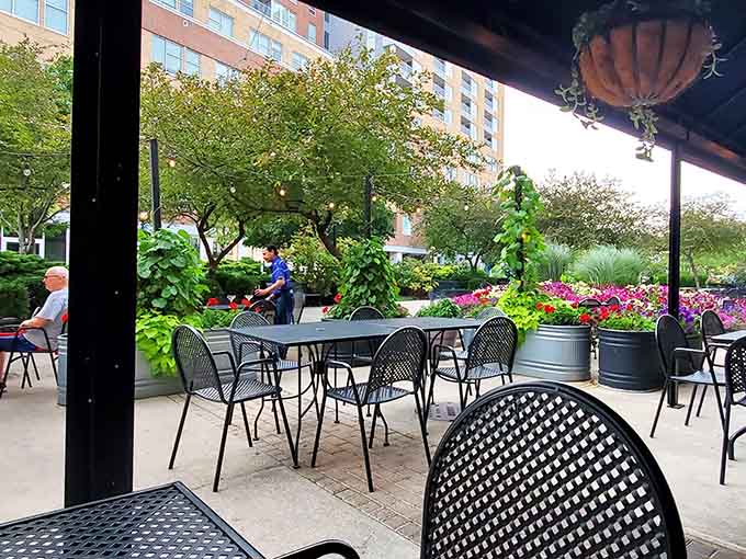 The patio surrounded by colorful flowers offers the perfect spot for sipping cocktails on beautiful Illinois evenings.